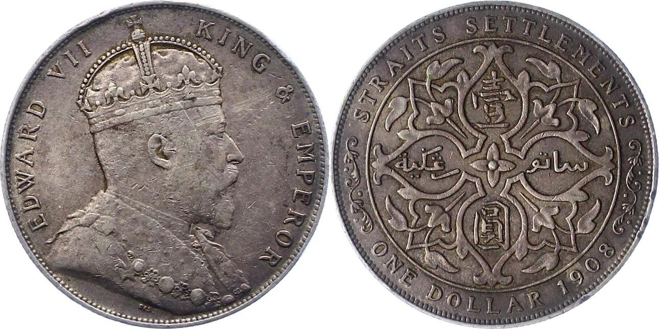 Straits Settlements Malaysia Dollar 1908 Schöne Patina. VF | MA-Shops