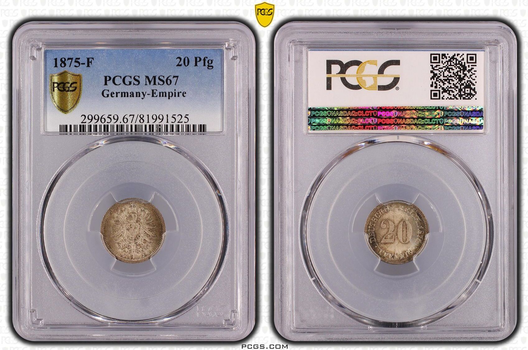 Kaiserreich 20 Pfennig 1875 F PCGS MS67 TOP POP 1/0, kleiner Adler Uncirculated, Brilliant ...