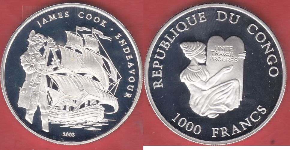Kongo 1000 Francs 2003 James Cook, Endeavour, Seefahrt Proof | MA-Shops