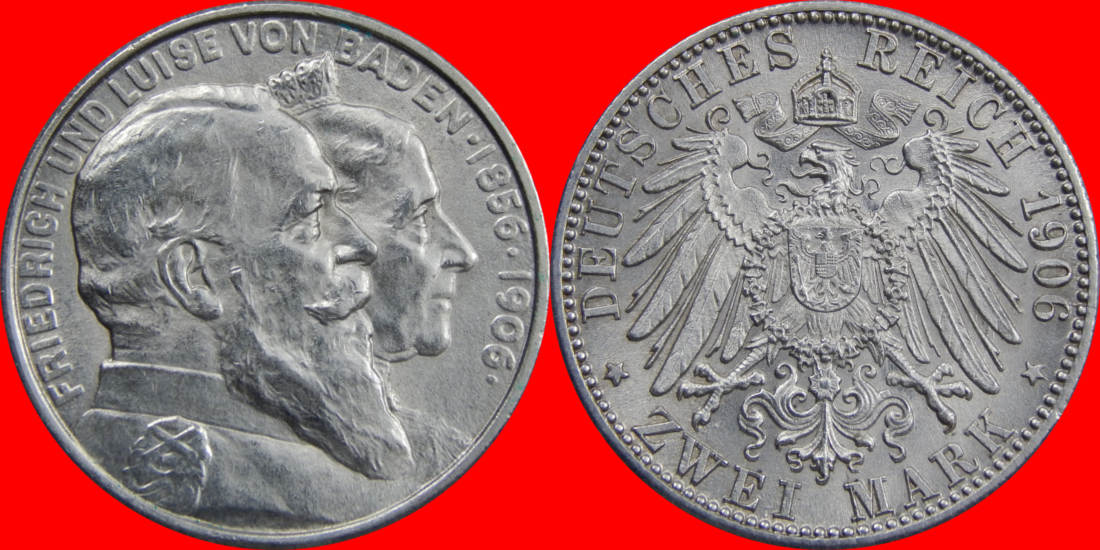 Kaiserreich Baden 2 Mark 1906 Friedrich I. Golden Wedding Anniversary BU (MS65-70), tolle ...