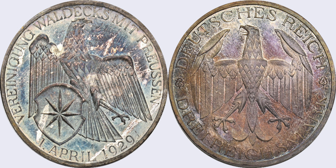 Weimarer Republik 3 Reichsmark (31/77eKu) 3 RM, 1929 A, Waldeck, J.337 ...