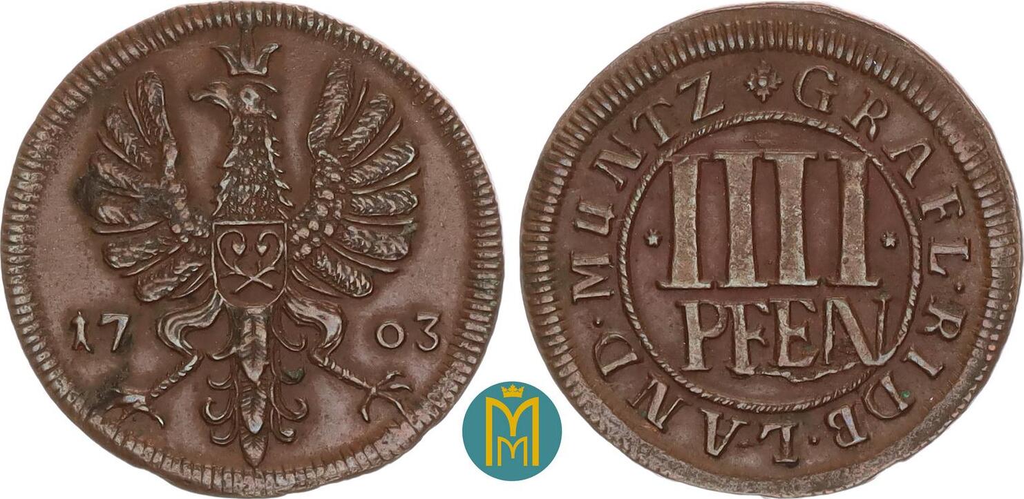 Rietberg, Grafschaft 4 Pfennig 1703 Maximilian Ulrich 1699-1746. EF ...