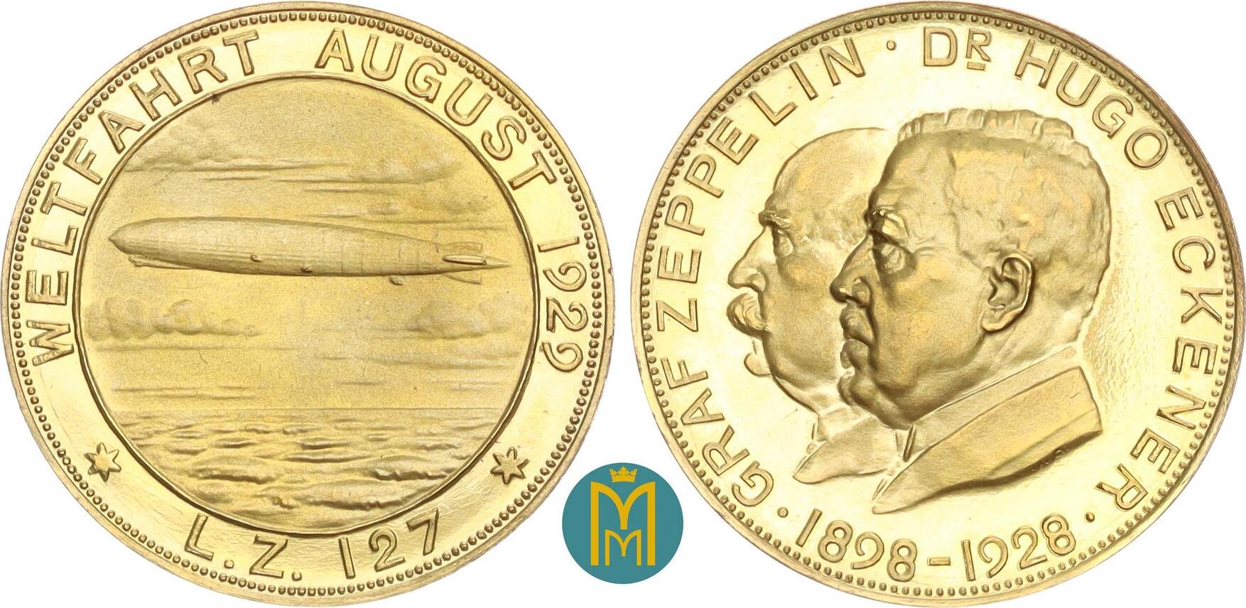 Deutschland Weimarer Republik Goldmedaille 1929 Auf die Weltfahrt des LZ 127. Graf Zeppelin und ...