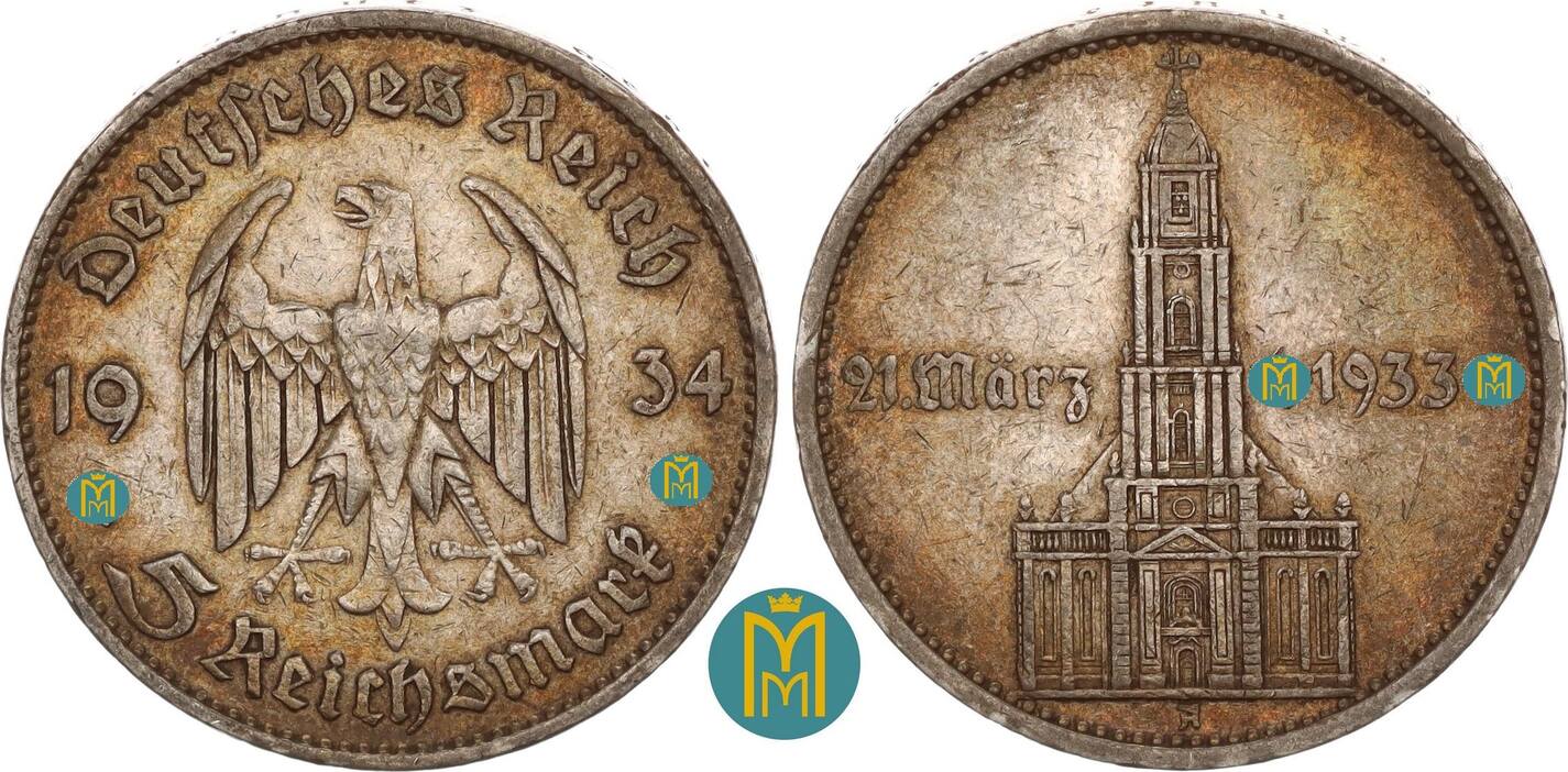 3. Reich 5 Reichsmark 1934 A Garnisonskirche Potsdam mit Datum! VF | MA ...