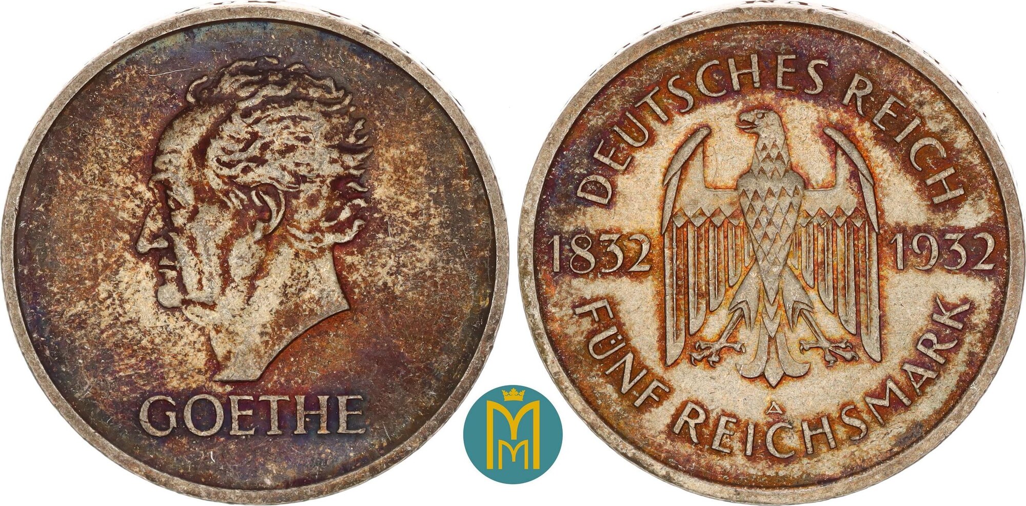 Weimarer Republik 5 Reichsmark 1932 A Auf den 100. Todestag von Goethe. AU | MA-Shops