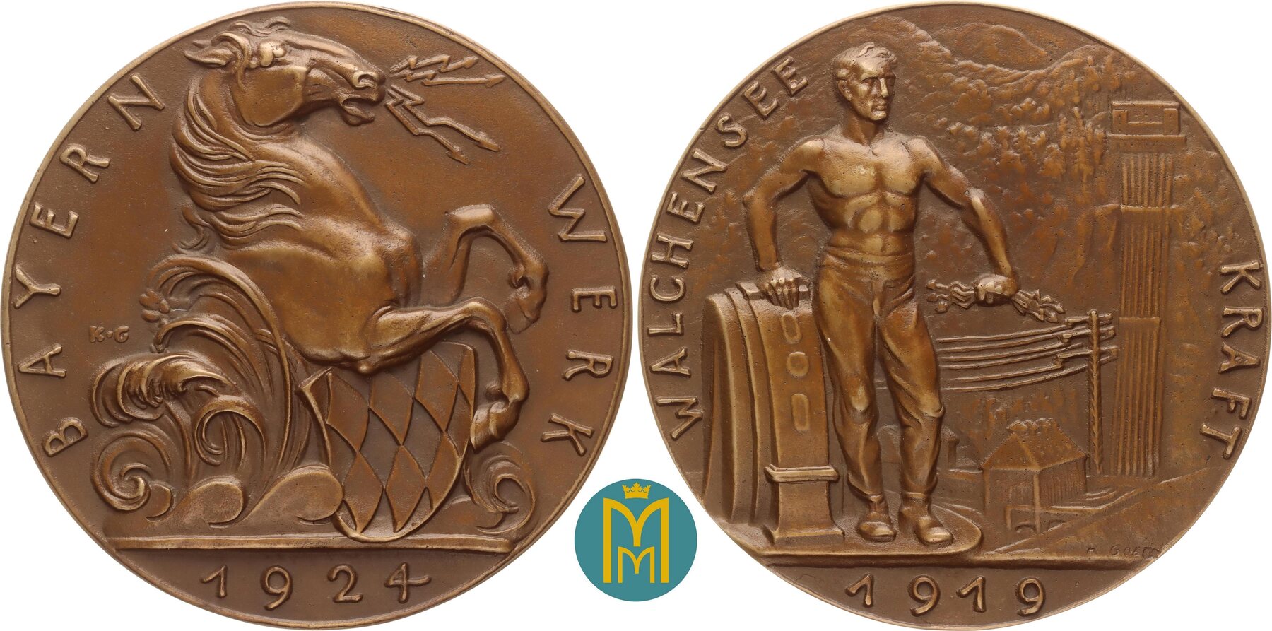 Karl Goetz. Große Bronzegussmedaille. 1924 5 Jahre Bayernwerk ...