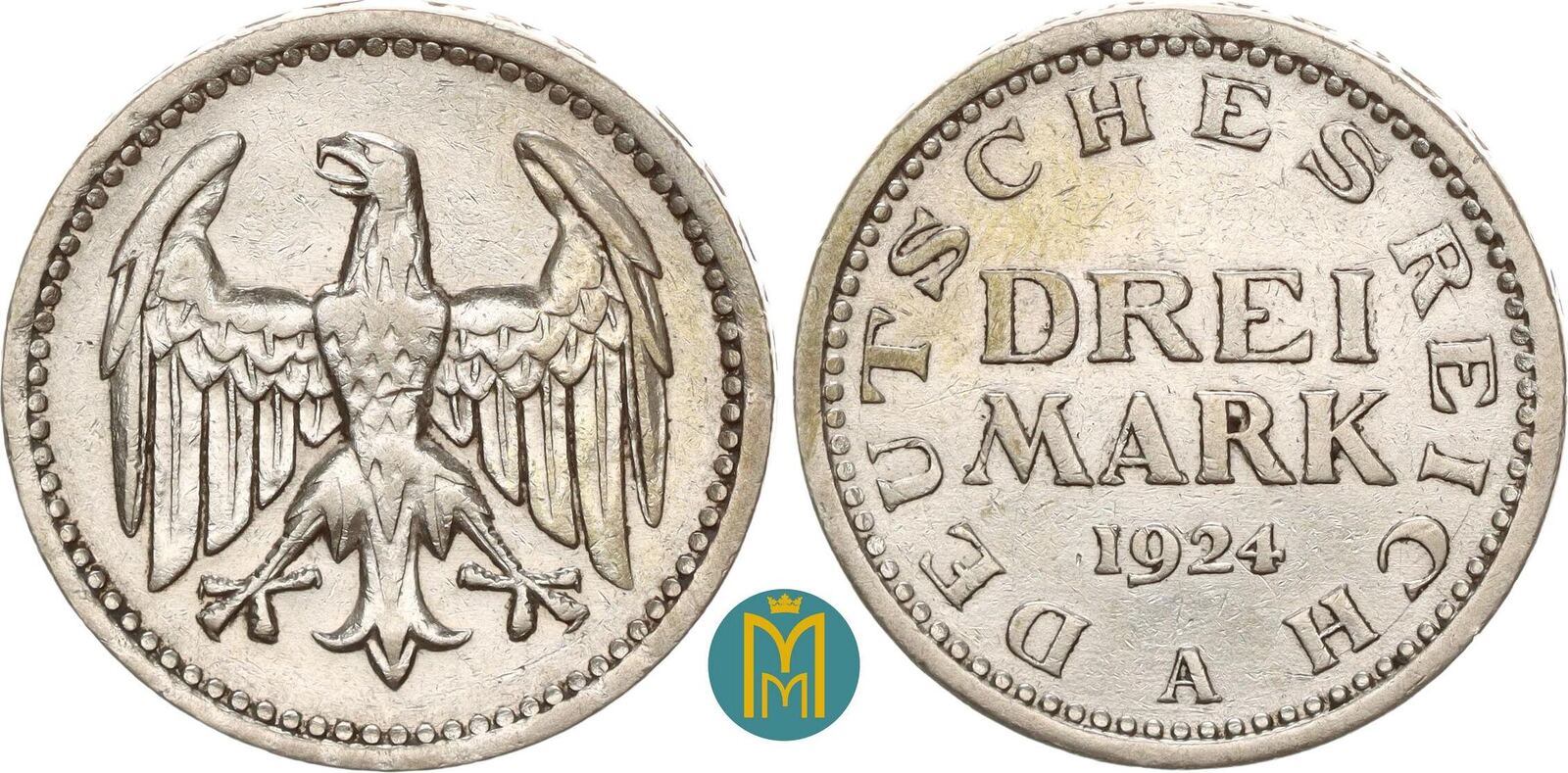 Deutschland / Weimarer Republik 3 Mark 1924 A VF, gereinigt / berieben. | MA-Shops