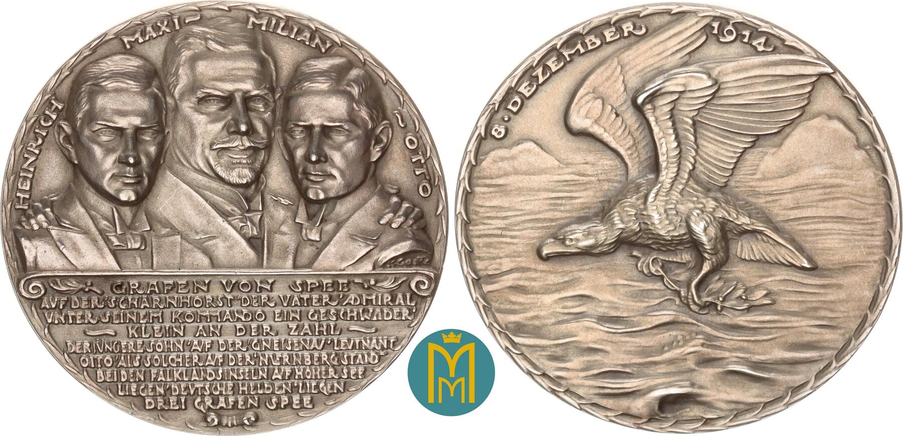 Karl Goetz. Silbermedaille 1914 Auf den Untergang der Grafen von Spee. CH UNC. | MA-Shops