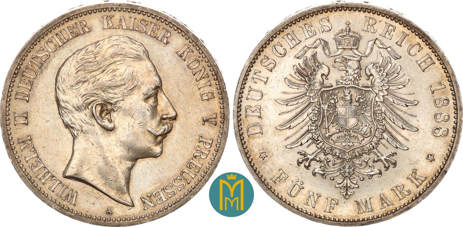 Kaiserreich / Preussen 5 Mark 1888 A Wilhelm II. 1888-1918. VF-EF, kl. Randfehler | MA-Shops