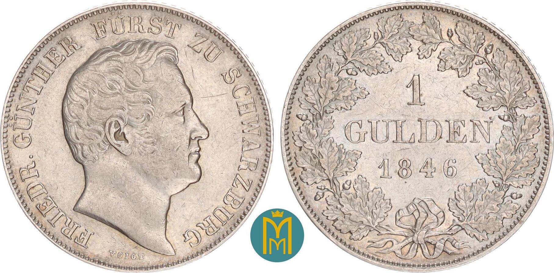 Schwarzburg-Rudolstadt 1 Gulden 1846 Friedrich Günther 1807-1867. VF ...