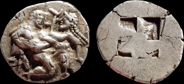 Stater Thasos, Thrace 500-480 BC., Nude Satyr carrying Nymph, early ...