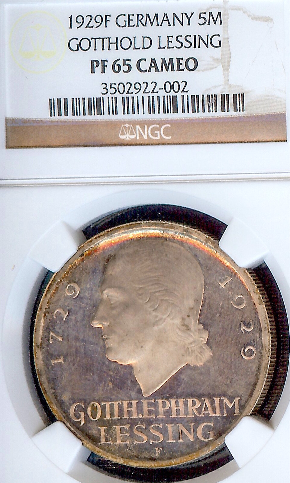 1929F Germany, Weimar Republic, 1929 F, 5 Mark, Lessing, NGC PF 65 ...