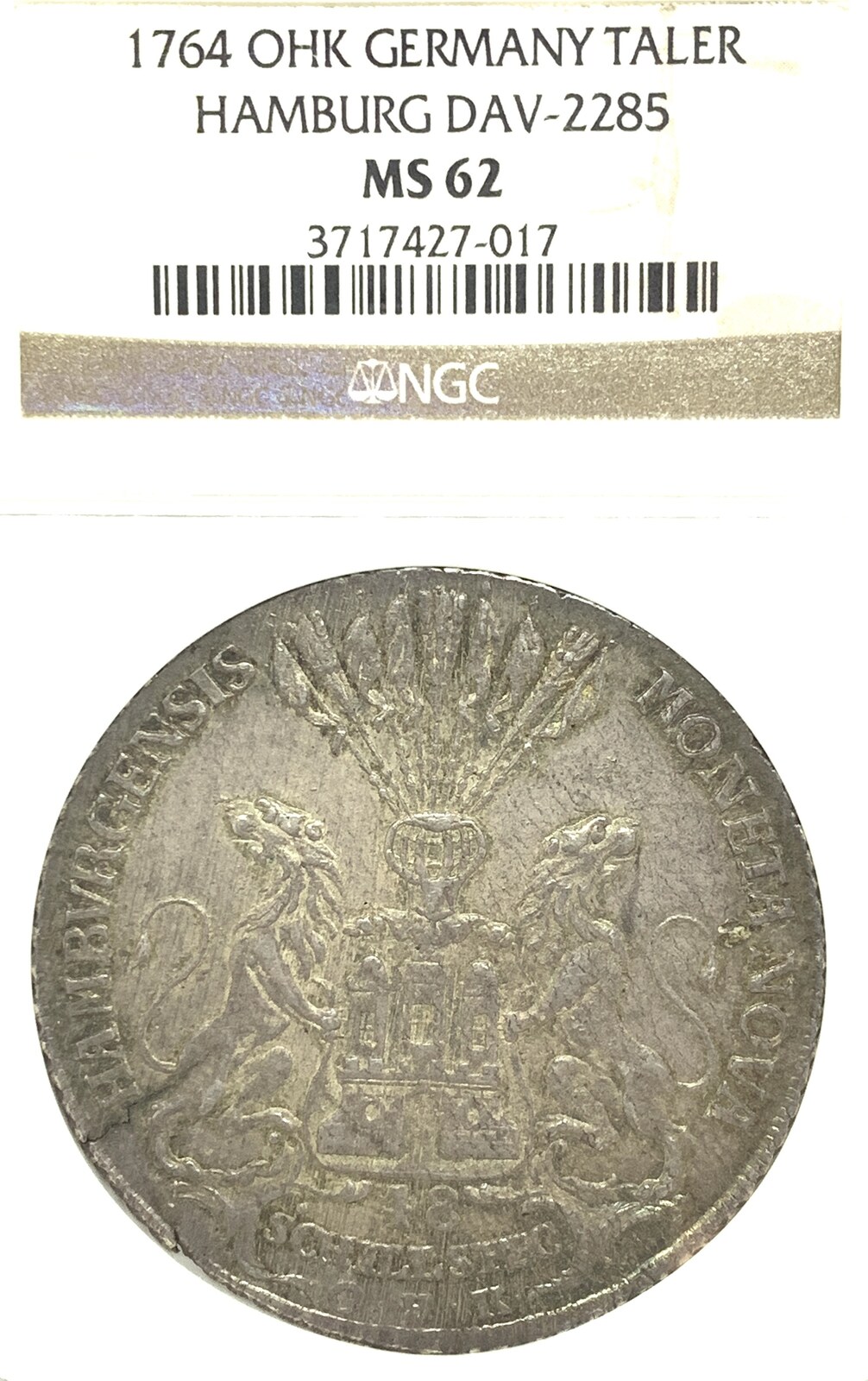 GERMANY 1764 OHK German States Hamburg 1764 Taler Coin Thaler NGC MS 62 ...