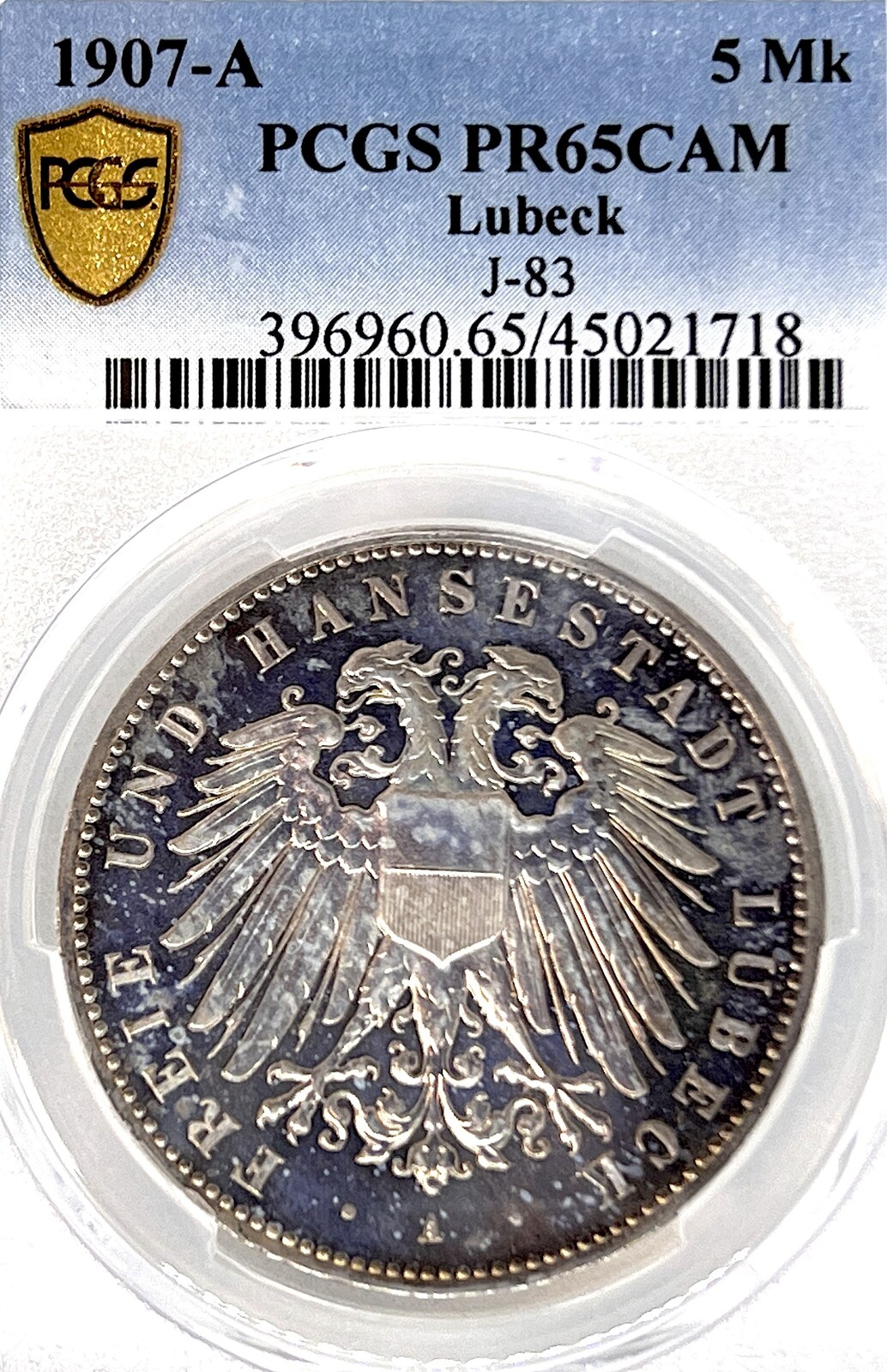 German States Lubeck 1907 5 Mark PCGS PR 65 CAMEO PP/PROOF UNC RARE ...