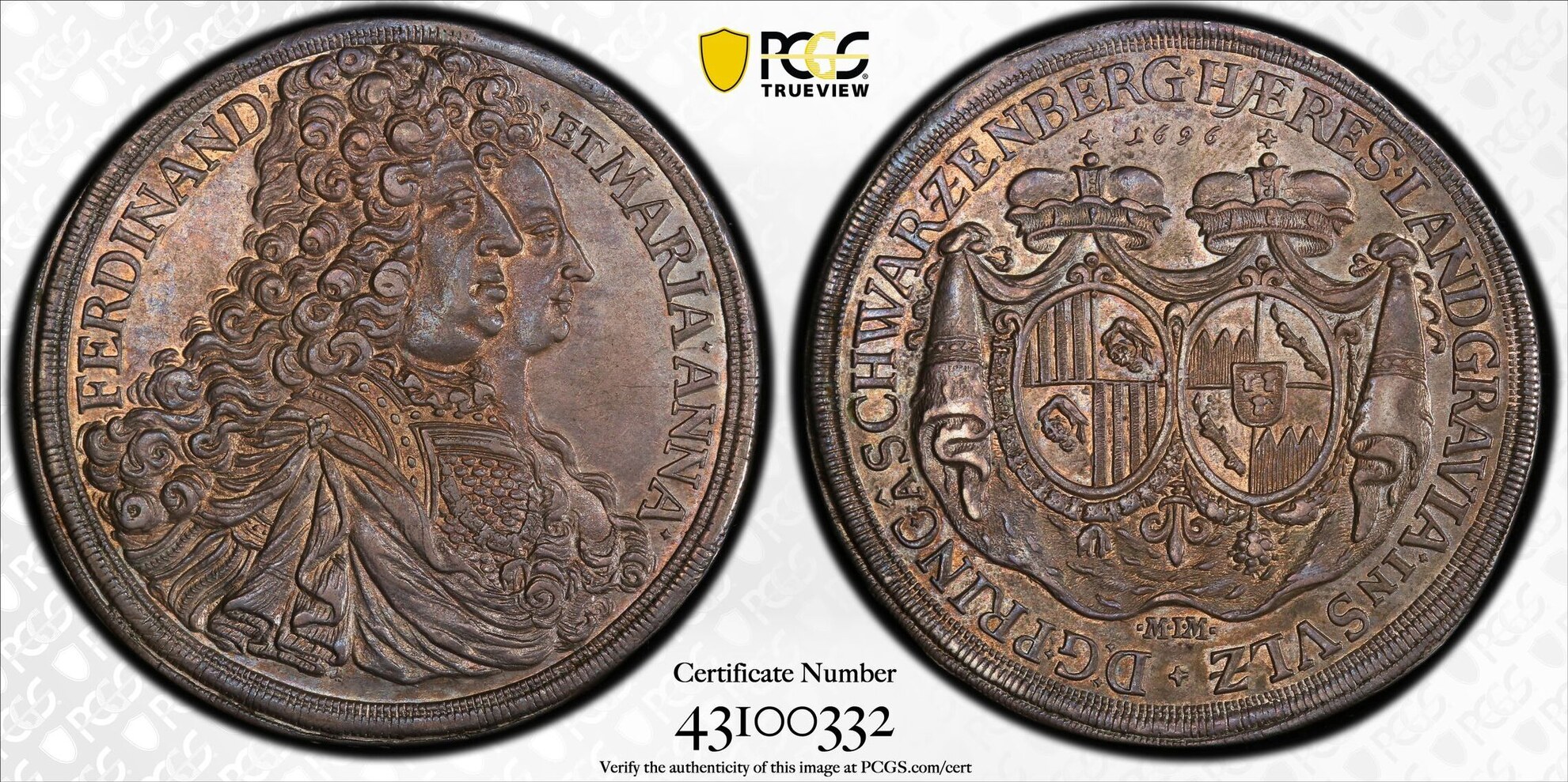 German States SCHWARZENBERG 1696 Taler Coin Thaler PCGS MS 62 VZ/STG ...