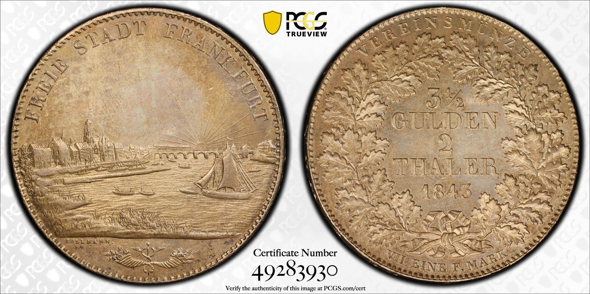 2 Thaler German States Frankfurt 1843 2 Talers Coin Thaler PCGS MS 61 F ...