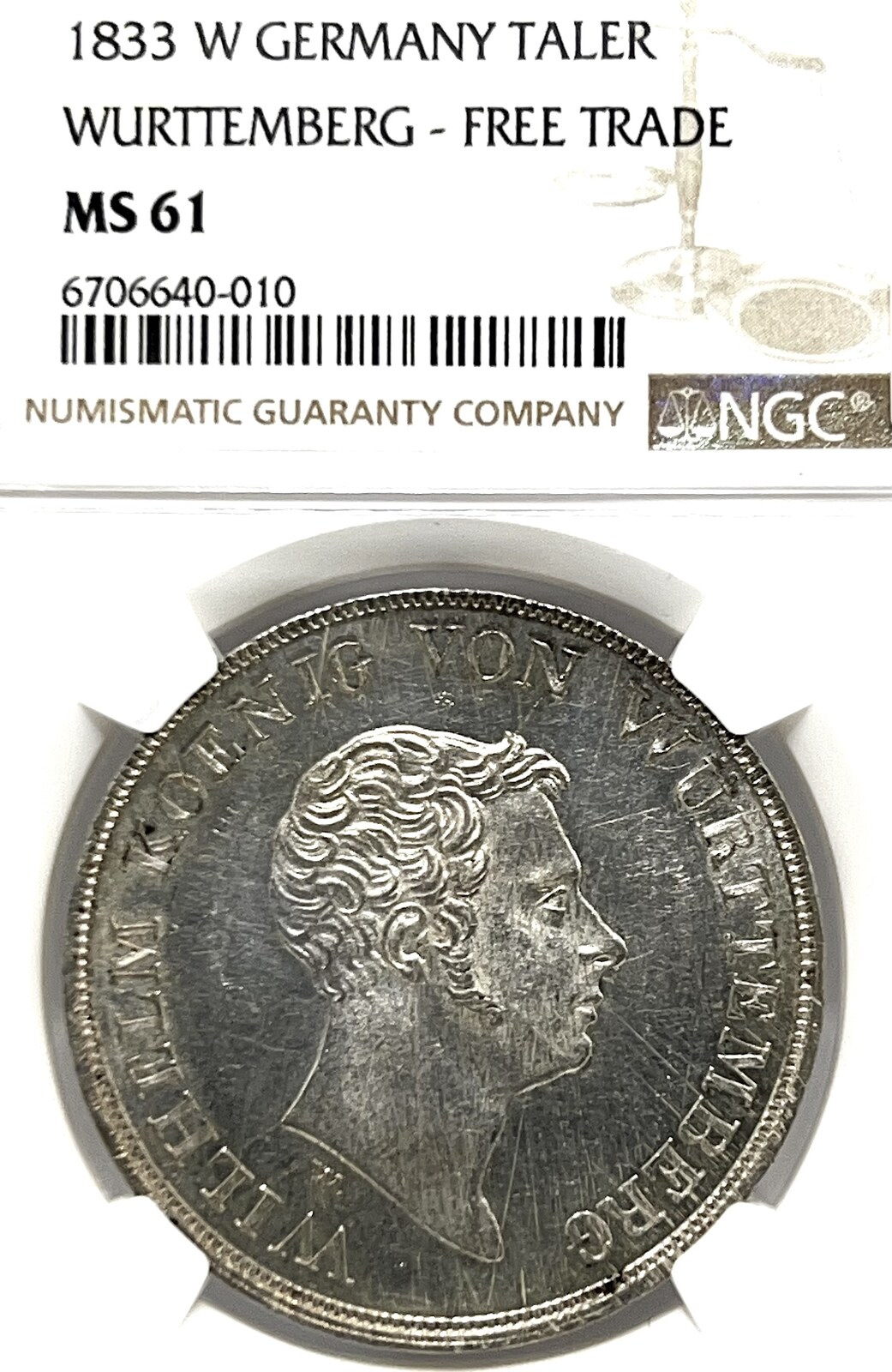 GERMANY German States Wurttemberg 1833 W Taler Coin Thaler NGC MS 61 VZ ...