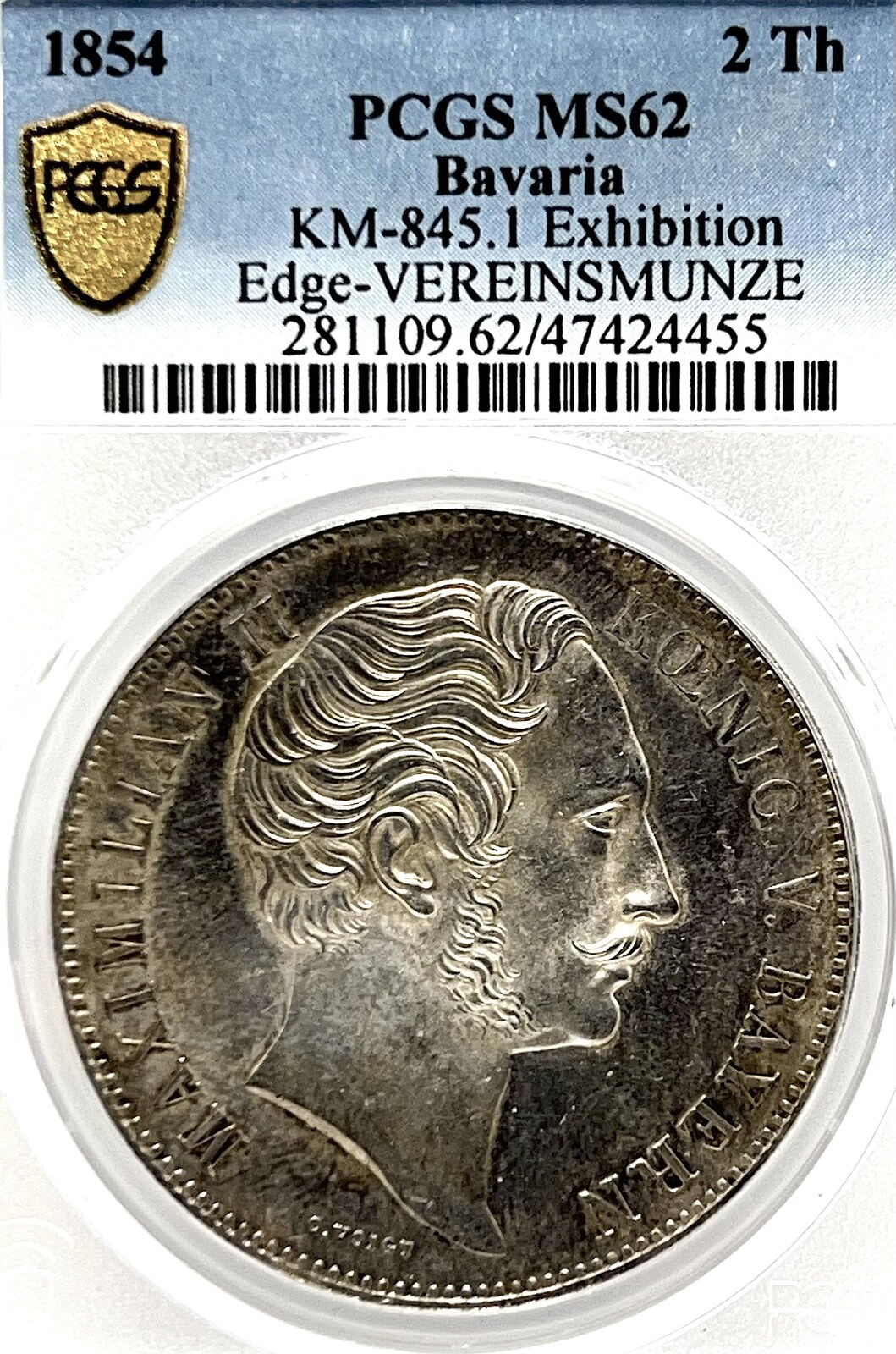 2 Thaler German State Bavaria 1854 Two Talers Coin Thaler PCGS MS 62 VZ/F.STG UNC EXHIBIT MS62 ...