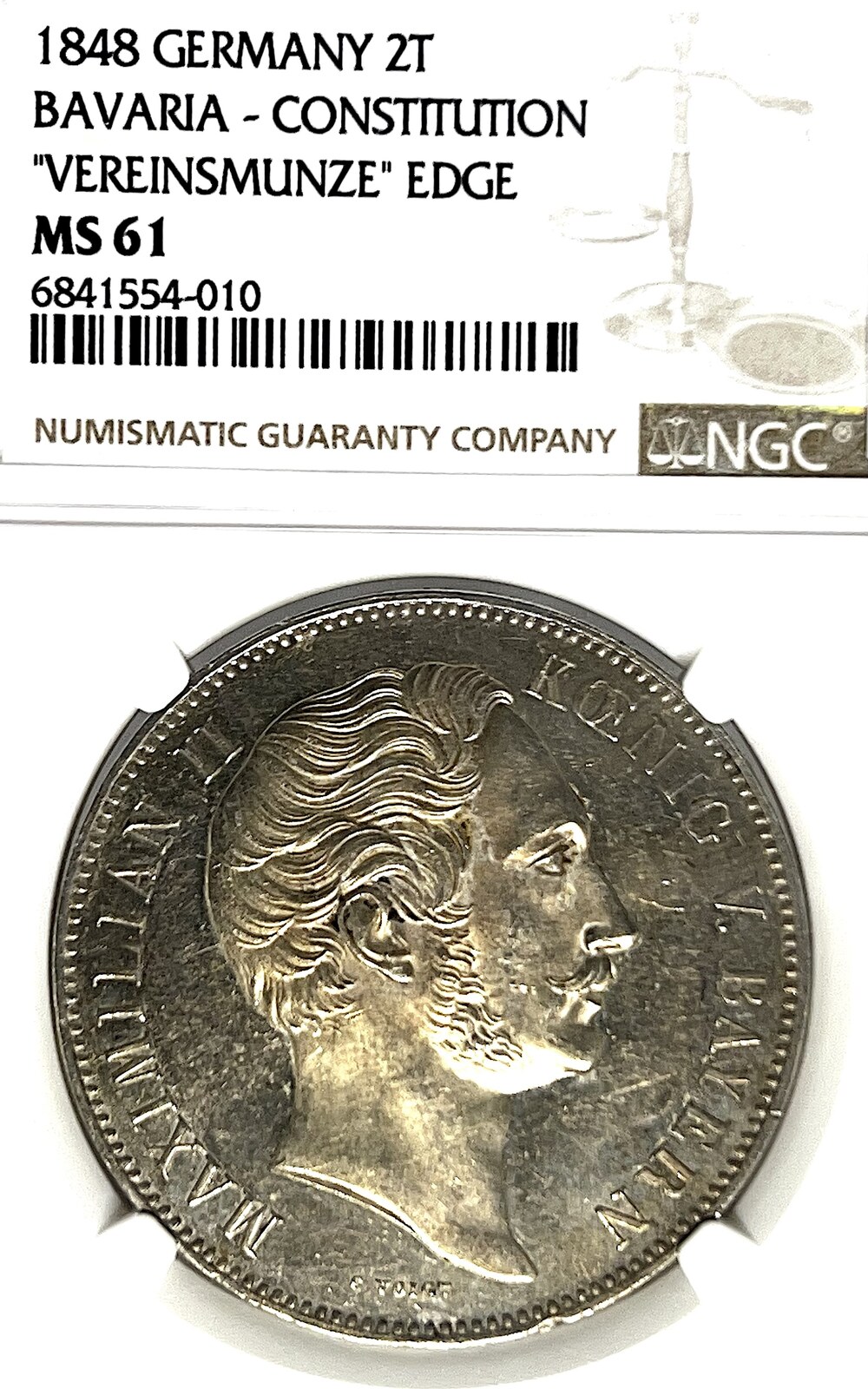 GERMANY 2 Talers German State Bavaria 1848 2Talers Coin Thaler NGC MS61 ...