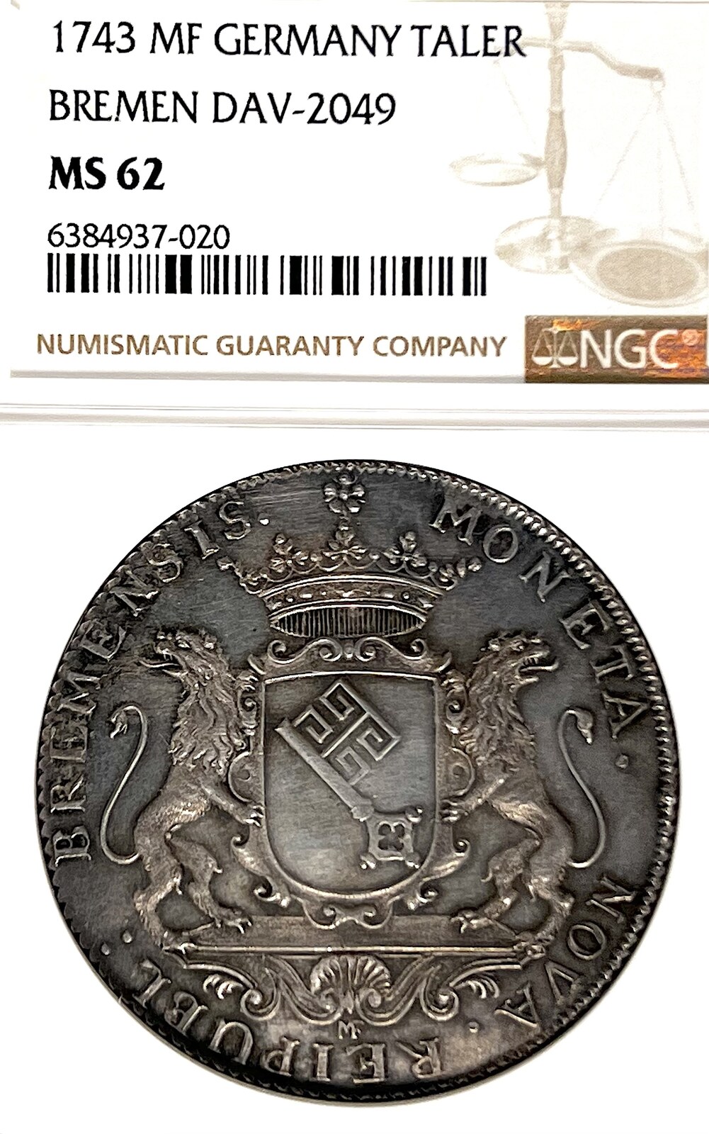 GERMANY 1743 MF German States Bremen 1743 Taler Coin Thaler NGC MS 62 ...