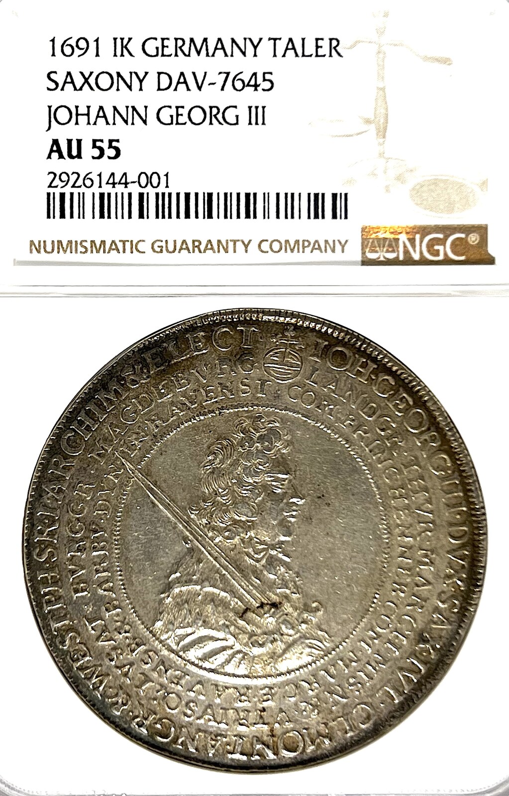 GERMANY 1691 IK German States Saxony 1691 Taler Coin NGC AU 55 Death ...