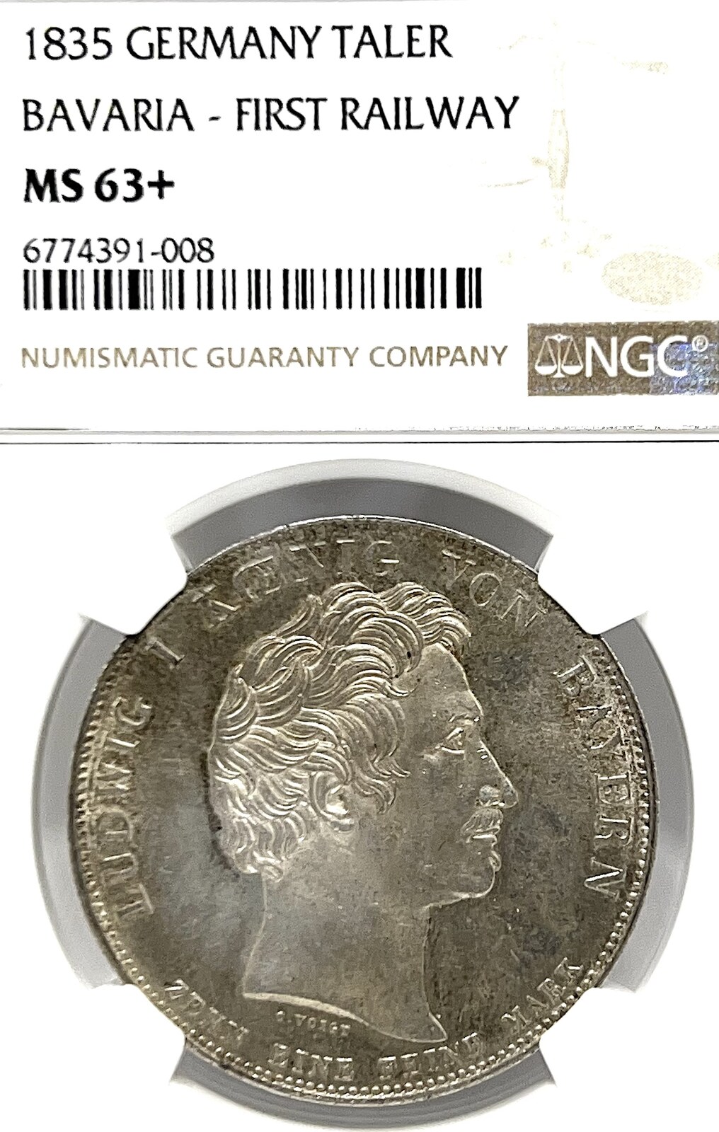 GERMANY German States Bavaria 1835 Taler Coin Thaler NGC MS 63+ STG UNC ...