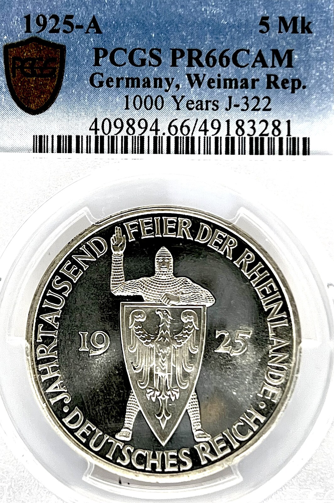 Germany, Weimar Rep. 5 Mark Weimar Republic, 1925 A, 5 Reichsmarks, Rhineland, PCGS PR 66 CAMEO ...