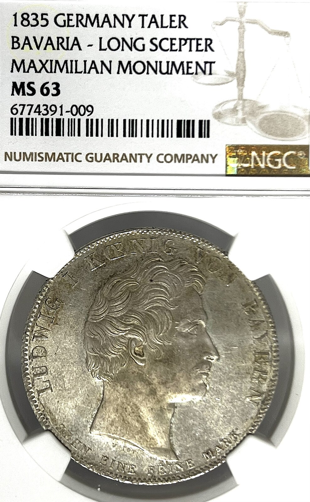 GERMANY German States Bavaria 1835 Taler Coin Thaler NGC MS 63 F.STG ...