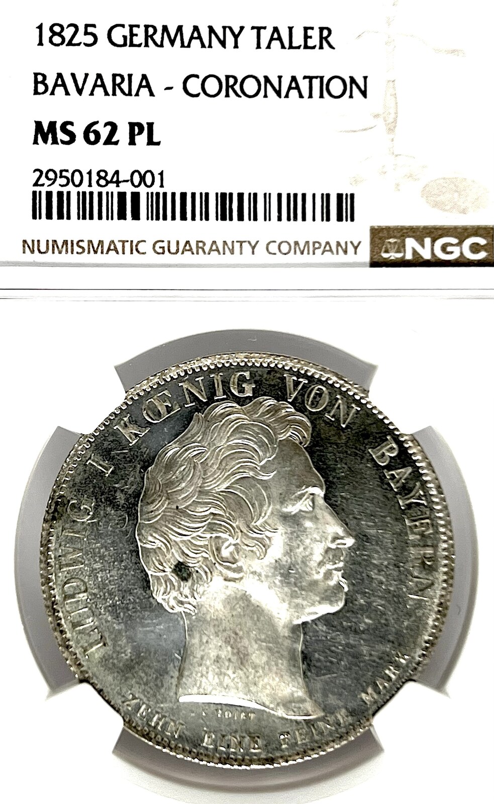 GERMANY German States Bavaria 1825 Taler Coin Thaler NGC MS 62 PL VZ ...