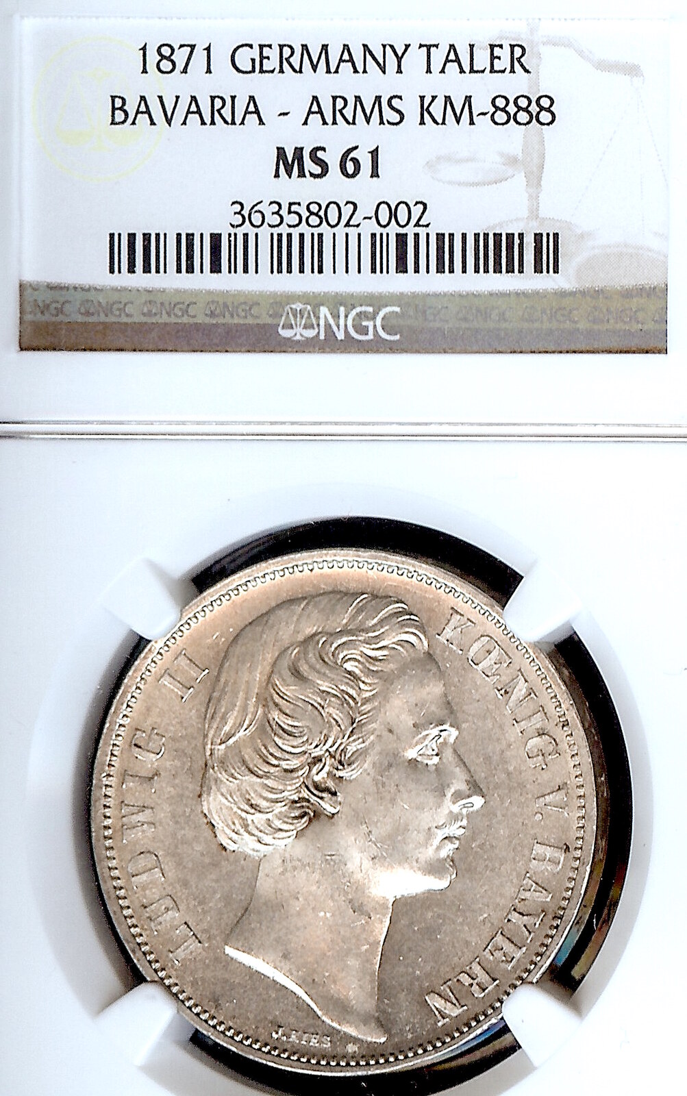 GERMANY German States Bavaria 1871 Taler Coin Thaler NGC MS 61 VZ/F.STG ...