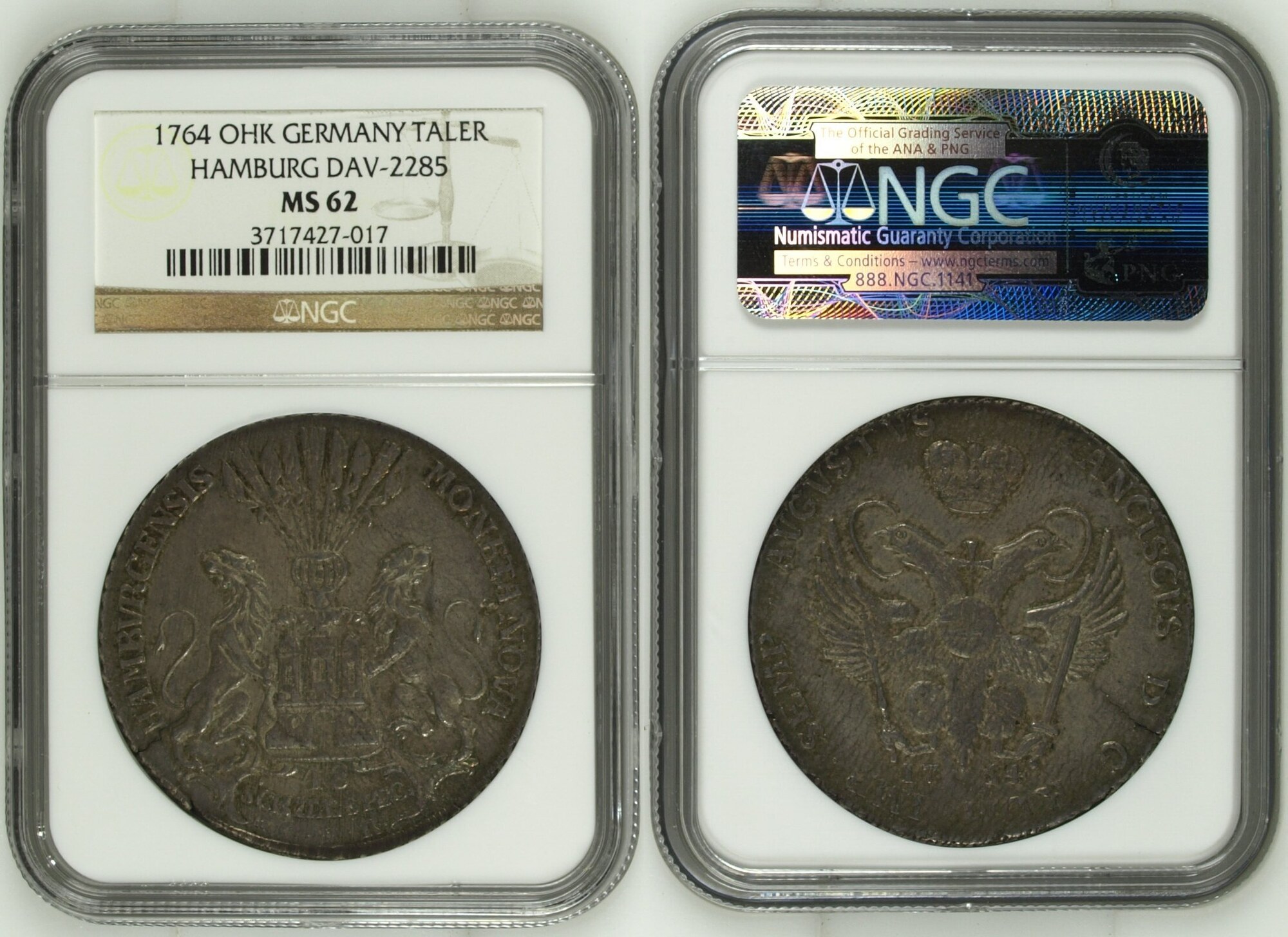 GERMANY 1764 OHK German States Hamburg 1764 Taler Coin Thaler NGC MS 62 ...