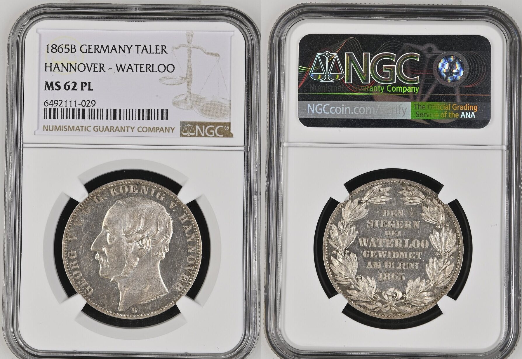 Germany State Hannover 1865B Taler Coin Thaler NGC MS62PL VZ/STG UNC/PP ...