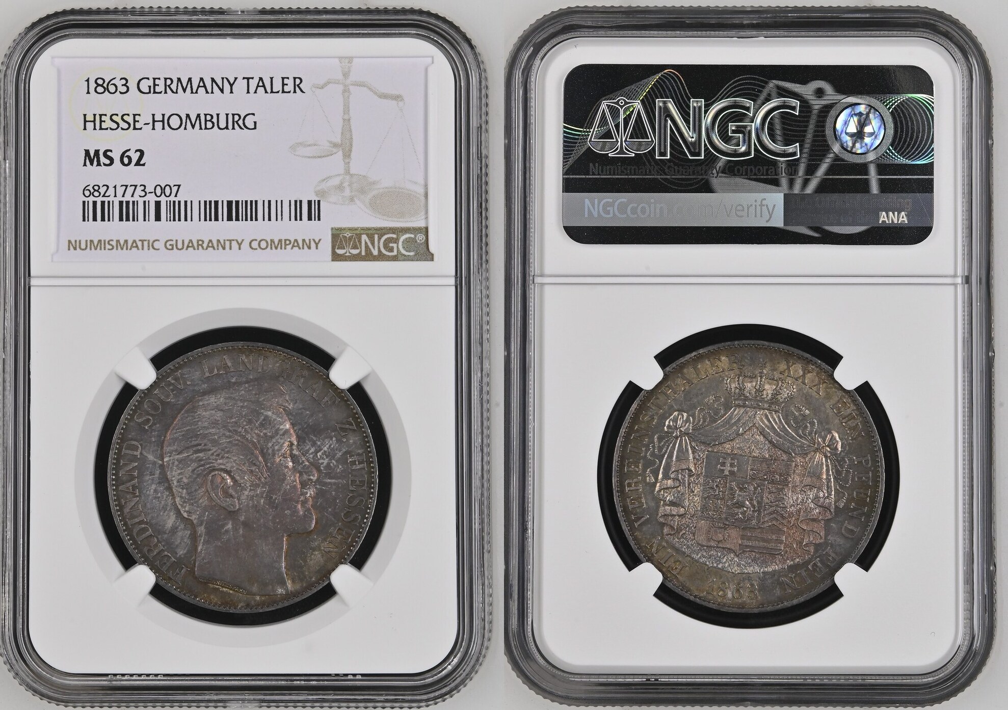 GERMANY German States Hesse-Homburg 1863 Taler Coin Thaler NGC MS 62 F ...