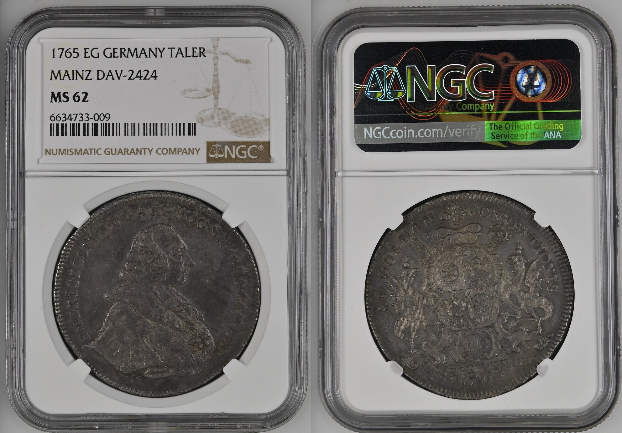 GERMANY 1765 EG German State Mainz 1765 Taler Coin Thaler NGC MS 62 VZ/STG UNC RARE TOP | MA-Shops