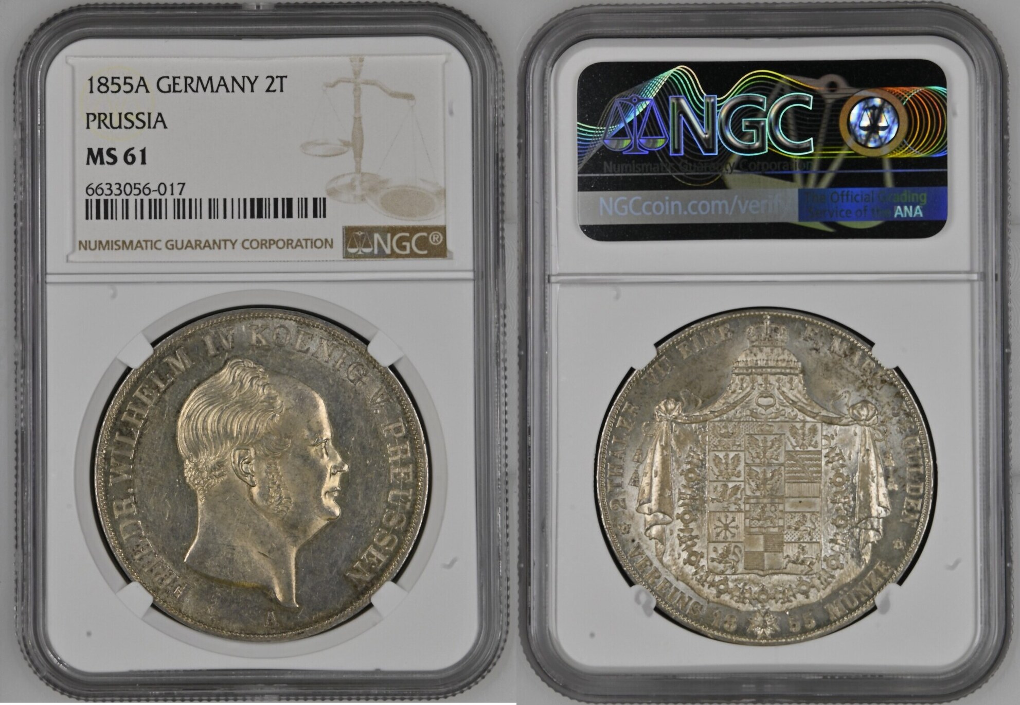 GERMANY 1855A German States Prussia 1855 A 2 Talers Coin Thaler NGC MS ...