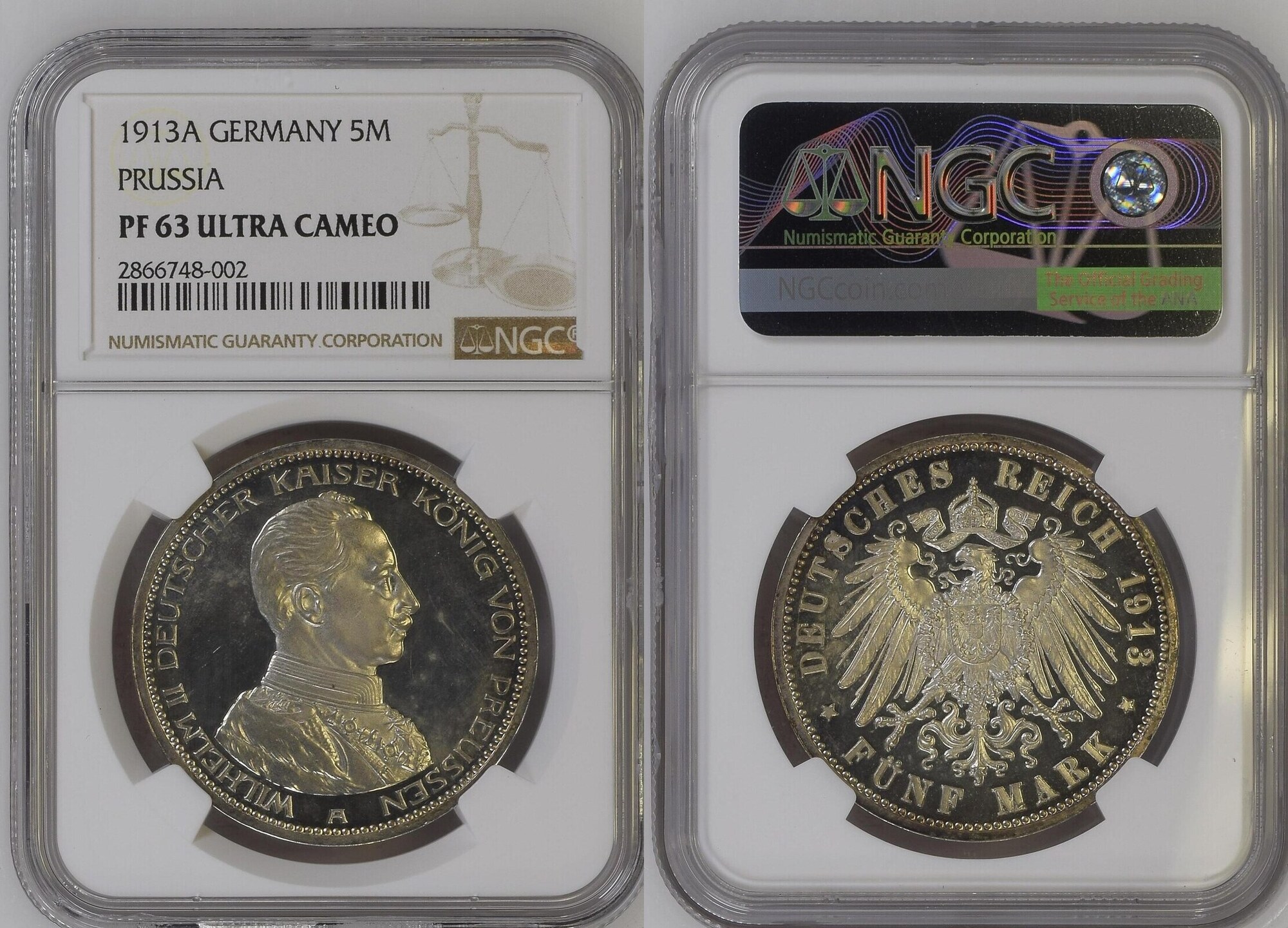 GERMANY 1913A German States Prussia 1913 5 Mark NGC PF 63 UCAMEO PROOF ...
