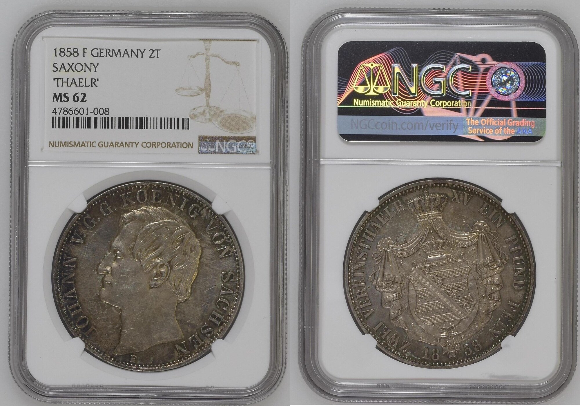 GERMANY 2 Talers German State Saxony 1858 F Two Taler Coin Thaler NGC ...
