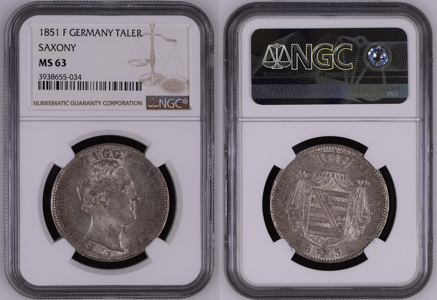 GERMANY German States Saxony 1851 F Taler Coin NGC MS63 VZ/F.STG Thaler ...