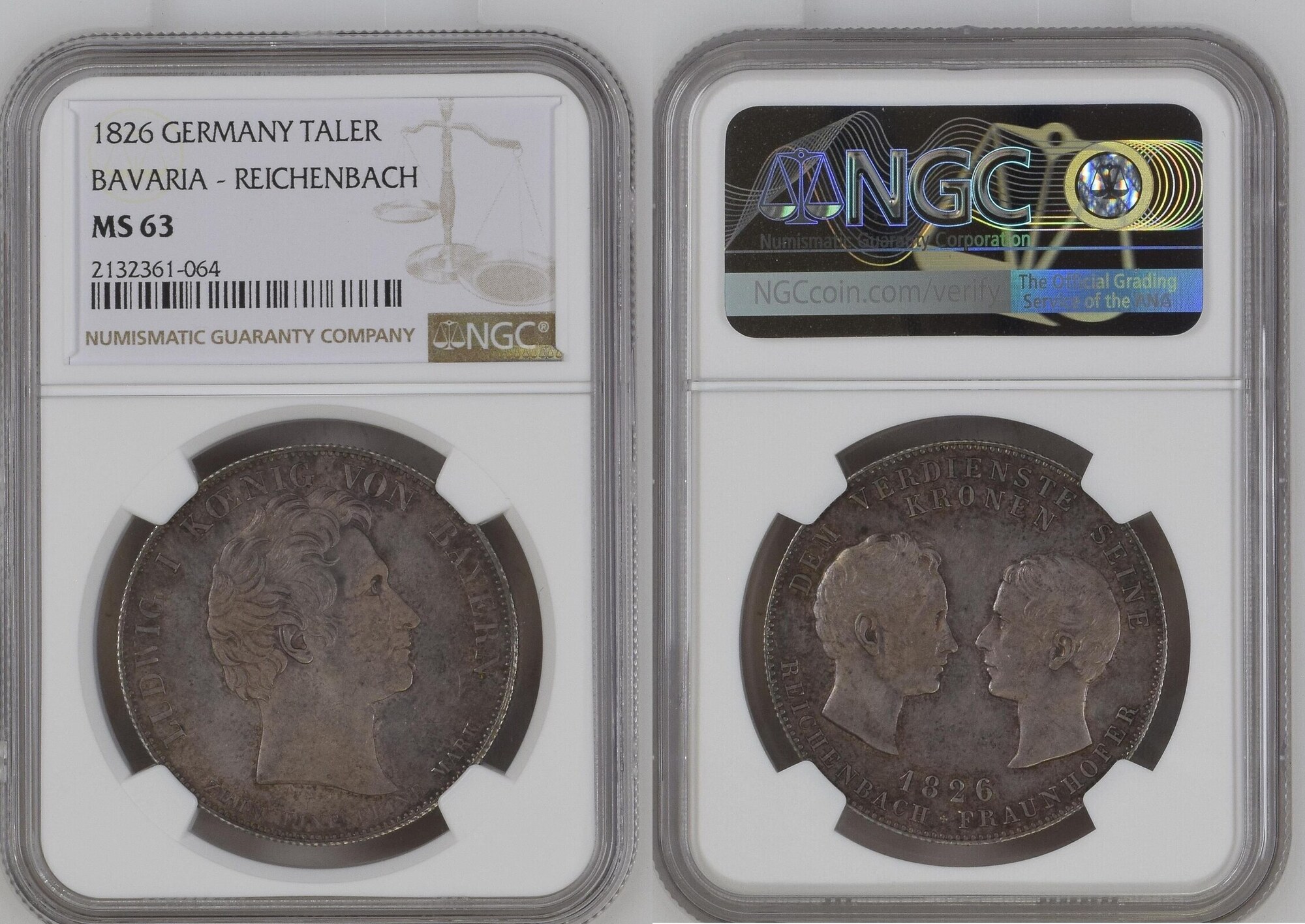 GERMANY 1826 German States Bavaria 1838 2 Talers Coin Thaler NGC UNC VZ ...