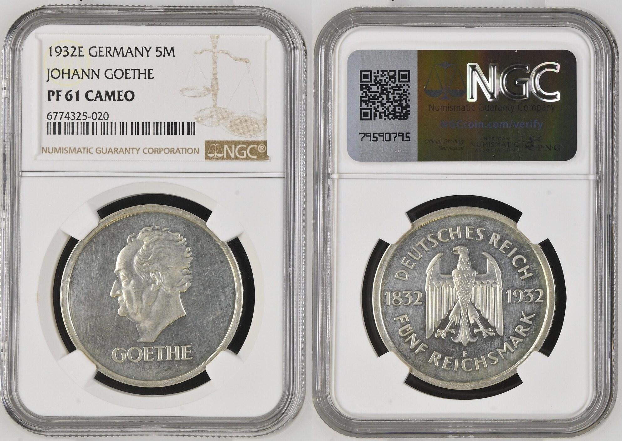 1932E Germany, Weimar Republic, 1932 E, 5 Mark, GOETHE, NGC PF 61 CAMEO ...