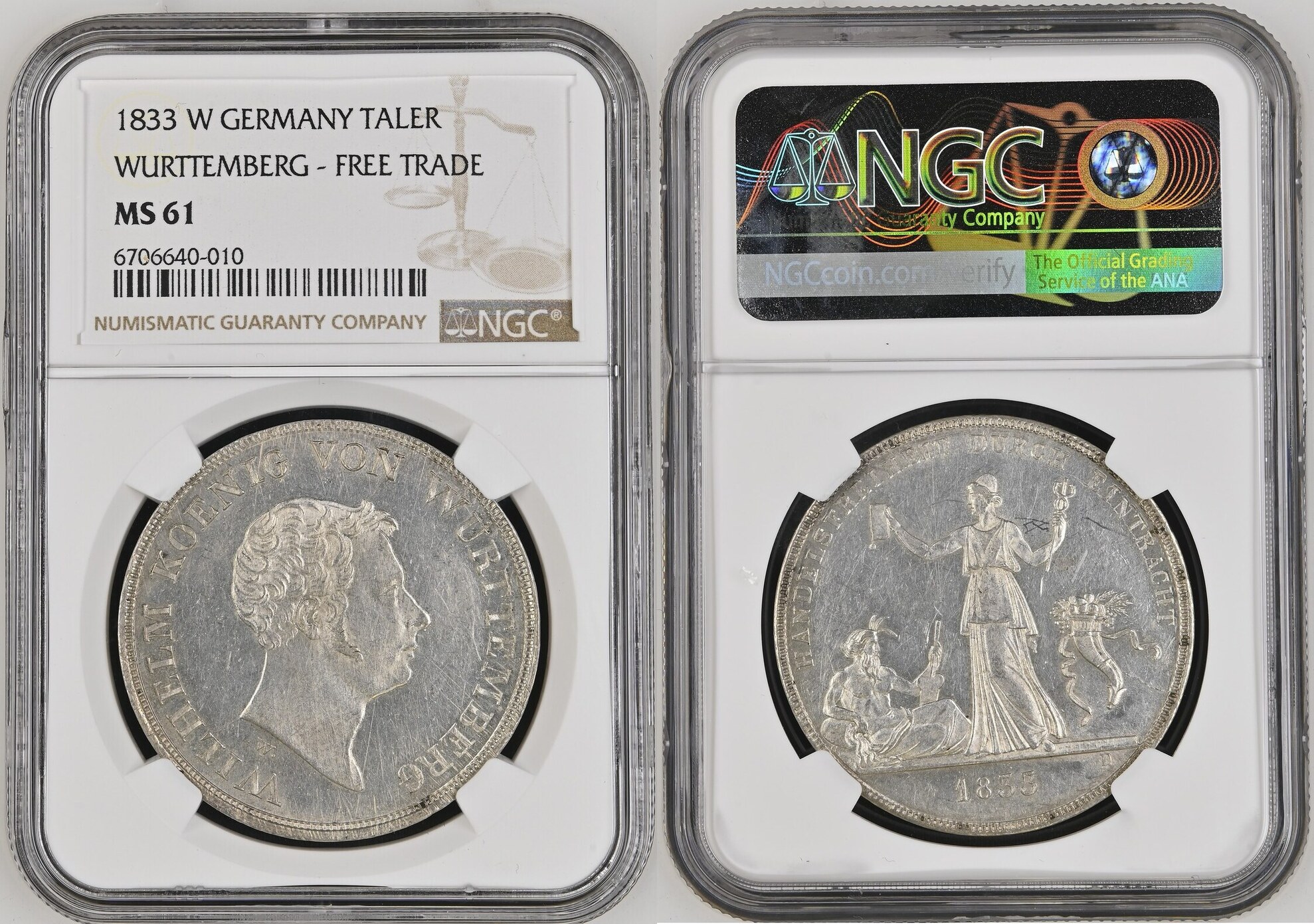 GERMANY German States Wurttemberg 1833 W Taler Coin Thaler NGC MS 61 VZ ...