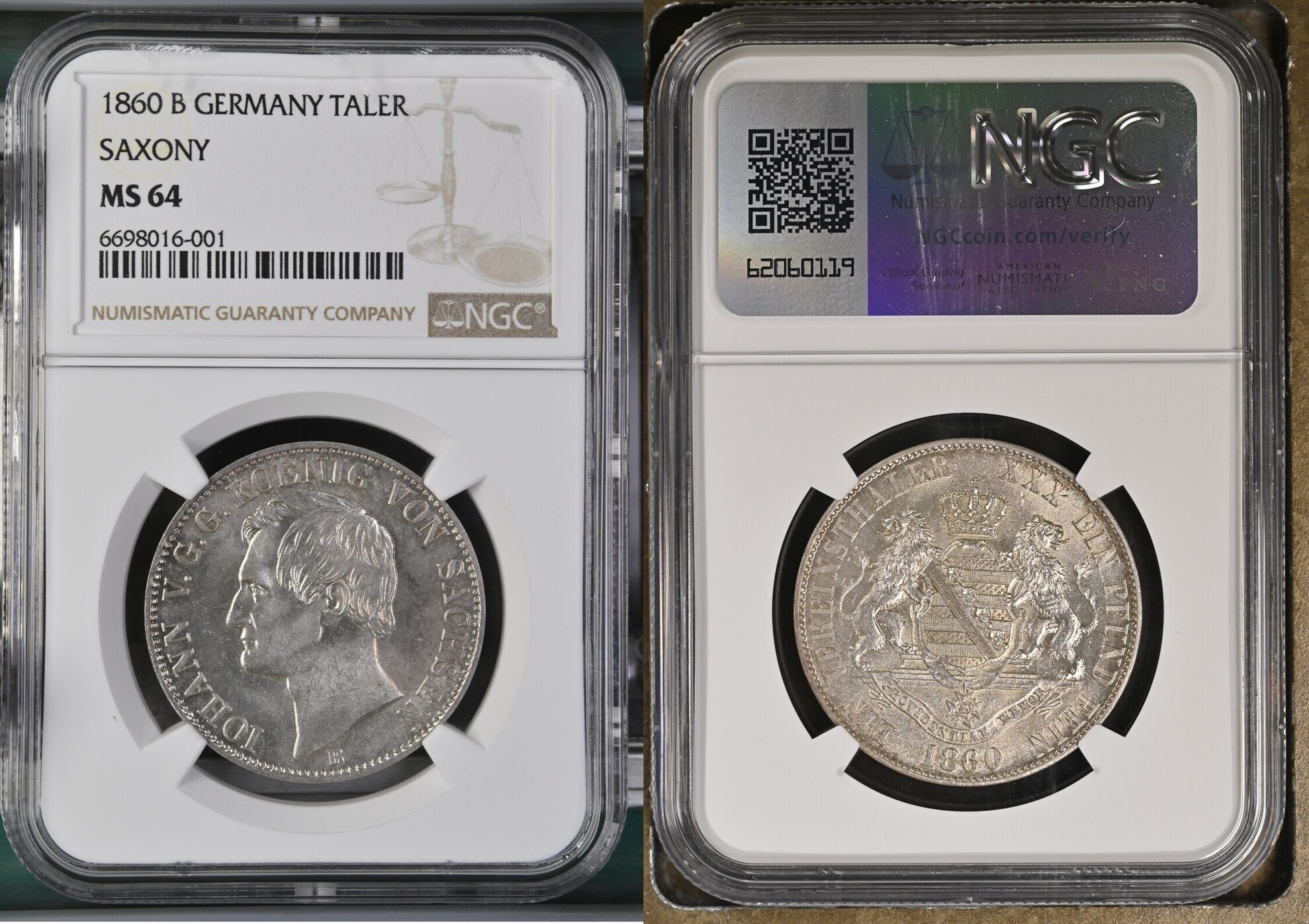 GERMANY German States Saxony 1860 B Taler Coin Thaler NGC MS 64 VZ/STG ...