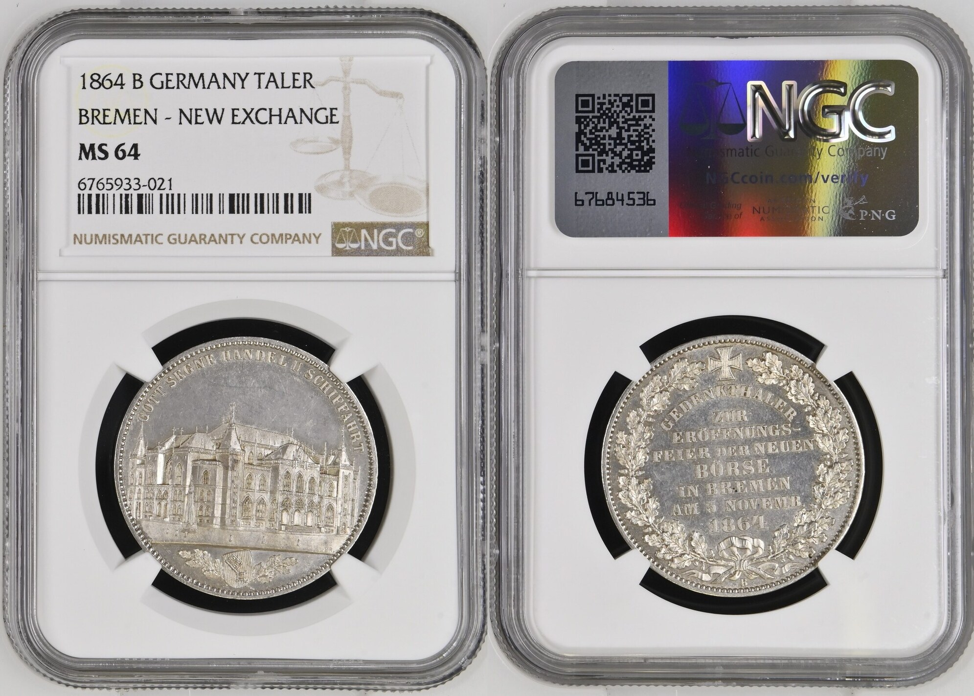 GERMANY 1864 B German States Bremen 1864 Taler Coin Thaler NGC MS 64 F ...