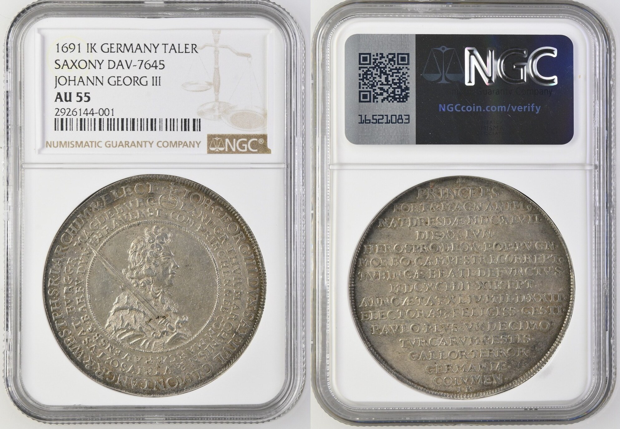 GERMANY 1691 IK German States Saxony 1691 Taler Coin NGC AU 55 Death ...