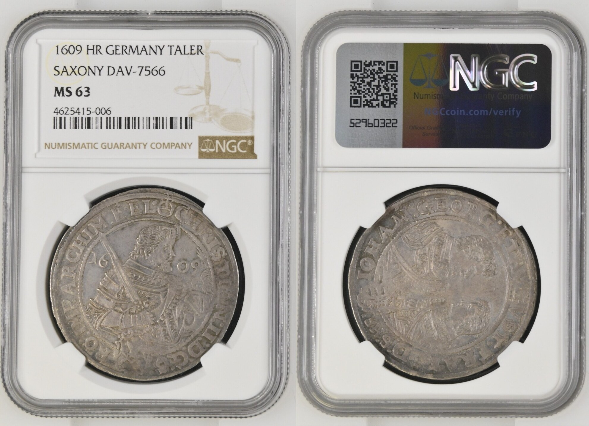 GERMANY 1609 HR German States Saxony 1609 Taler Coin NGC MS 63 F.STG ...