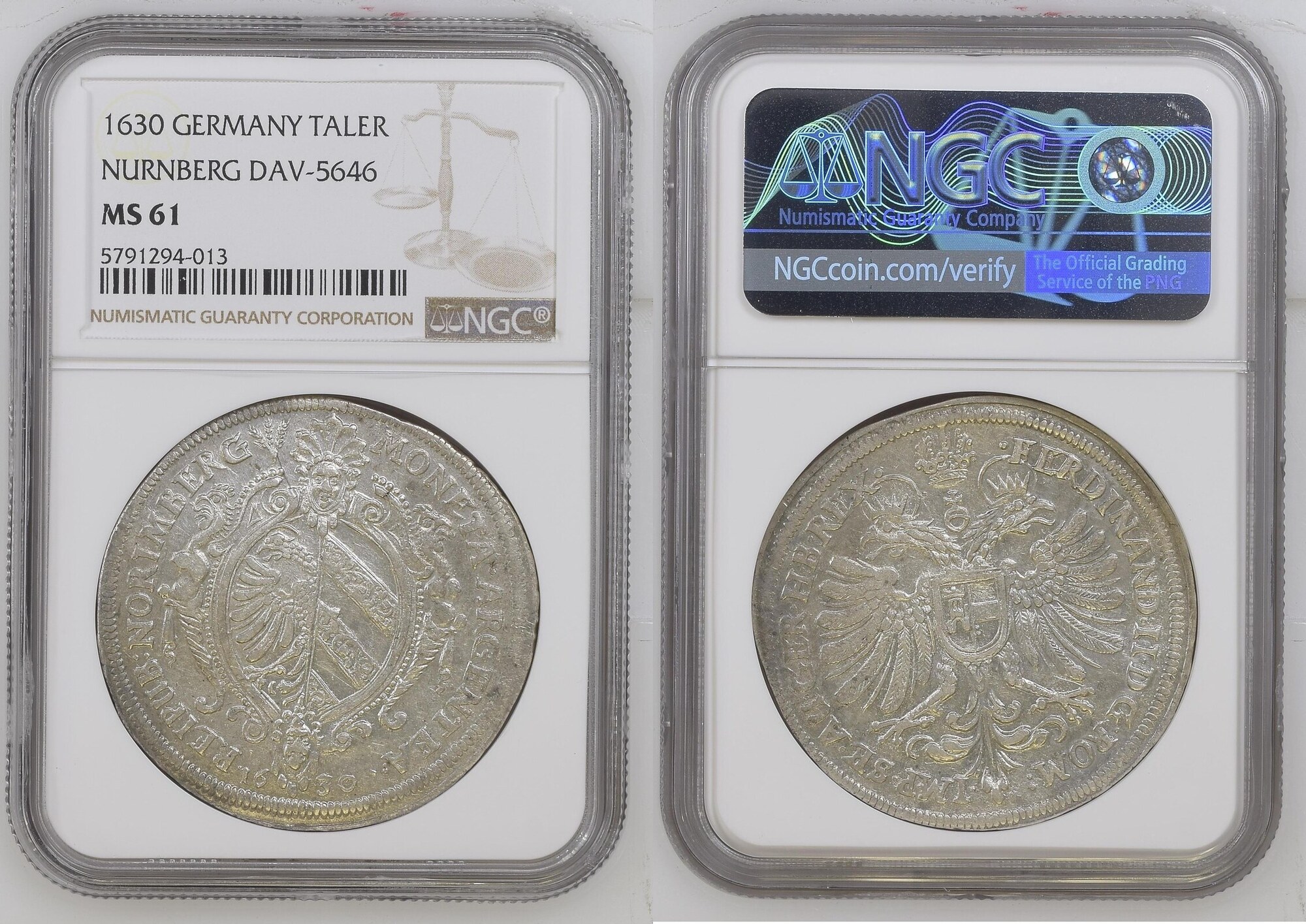 GERMANY German States Nuremberg 1630 Taler Coin Thaler NGC MS 61 VZ/F ...