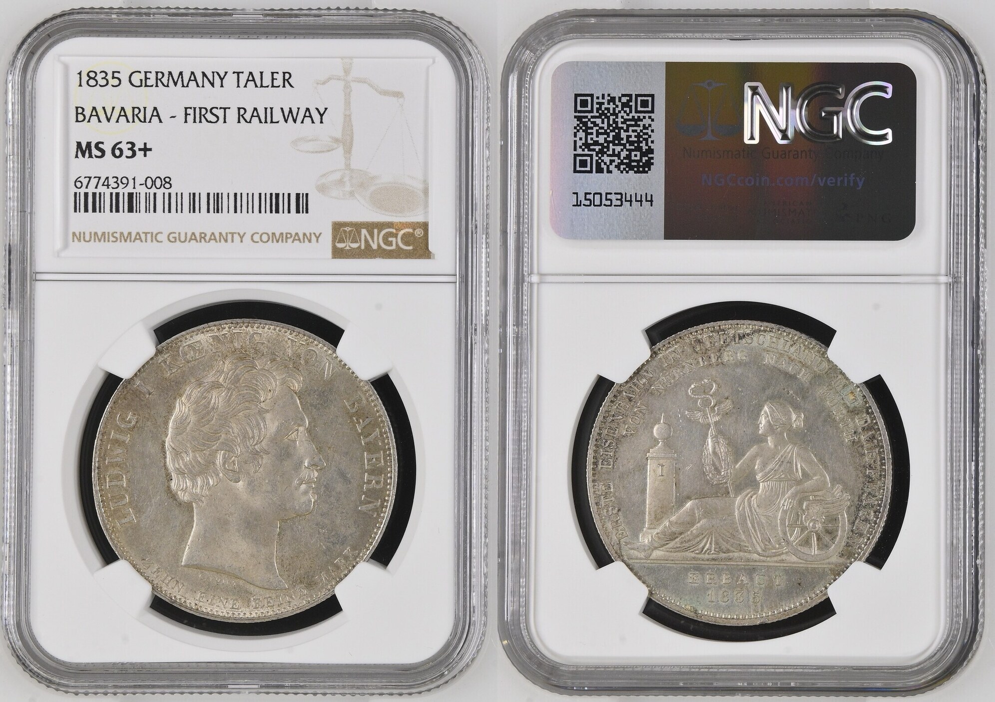 GERMANY German States Bavaria 1835 Taler Coin Thaler NGC MS 63+ STG UNC ...