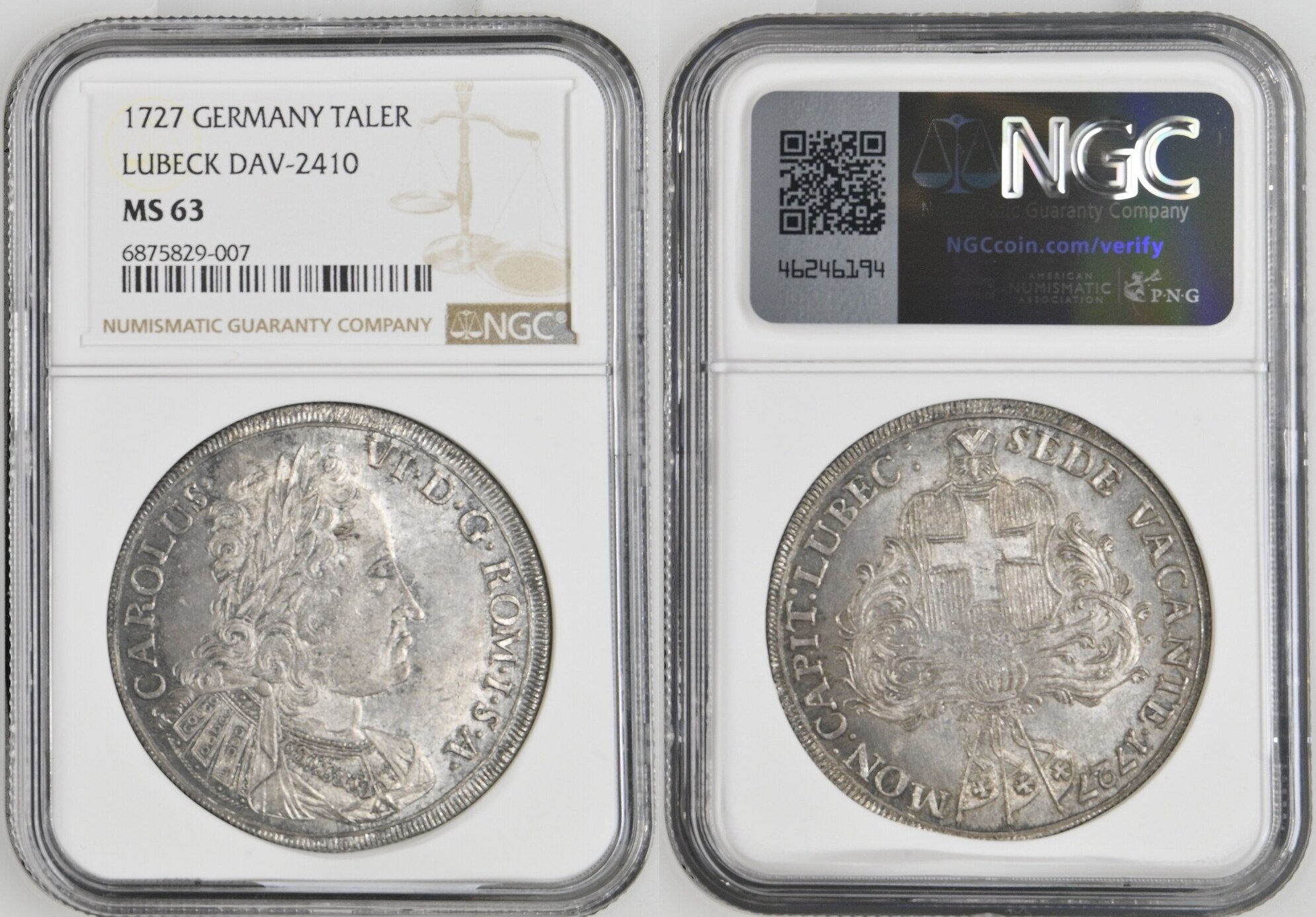 GERMANY German State Lubeck 1727 Taler Coin Thaler NGC MS 63 F.STG UNC SEDE VACANTE RARE | MA-Shops