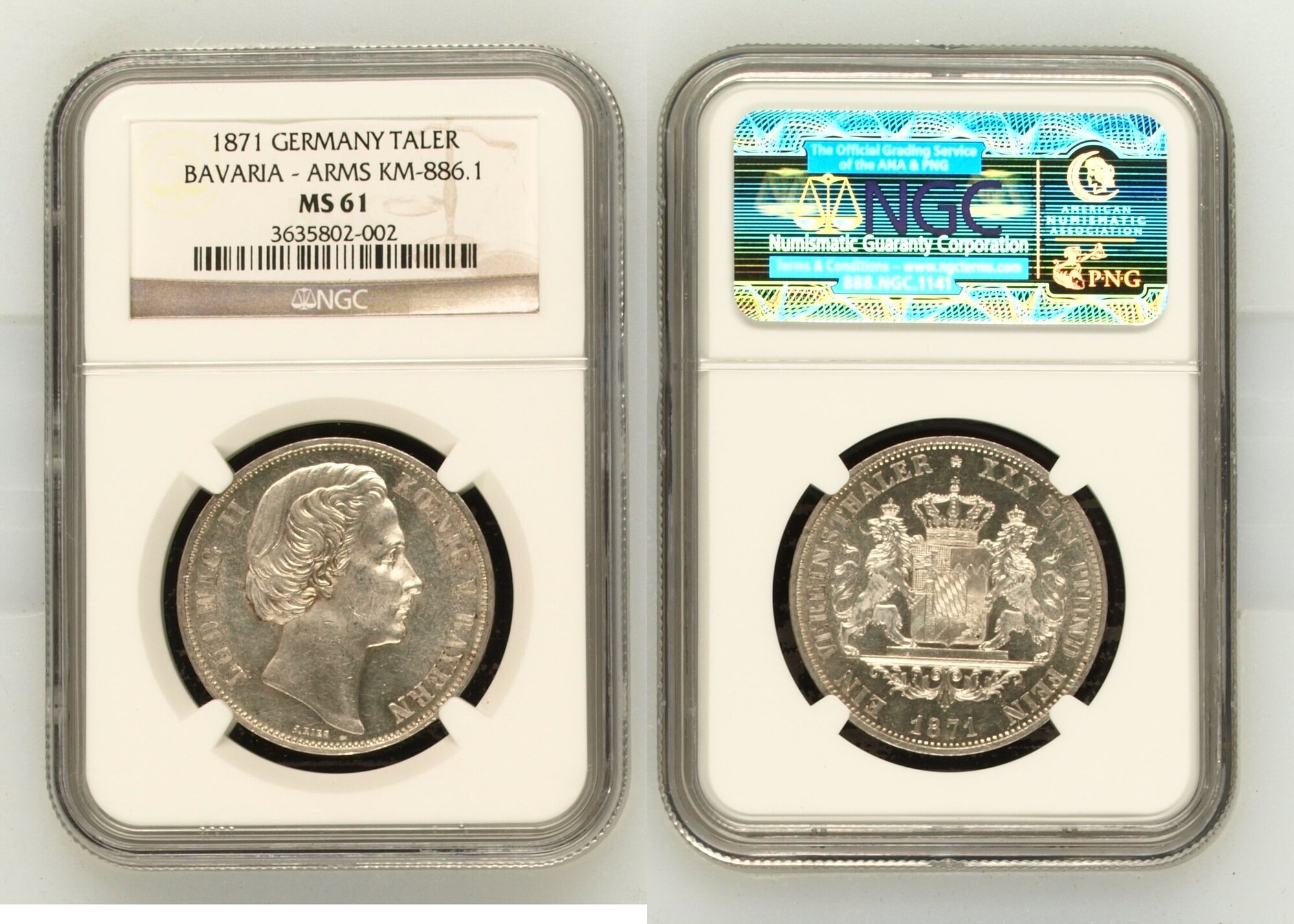GERMANY German States Bavaria 1871 Taler Coin Thaler NGC MS 61 VZ/F.STG ...