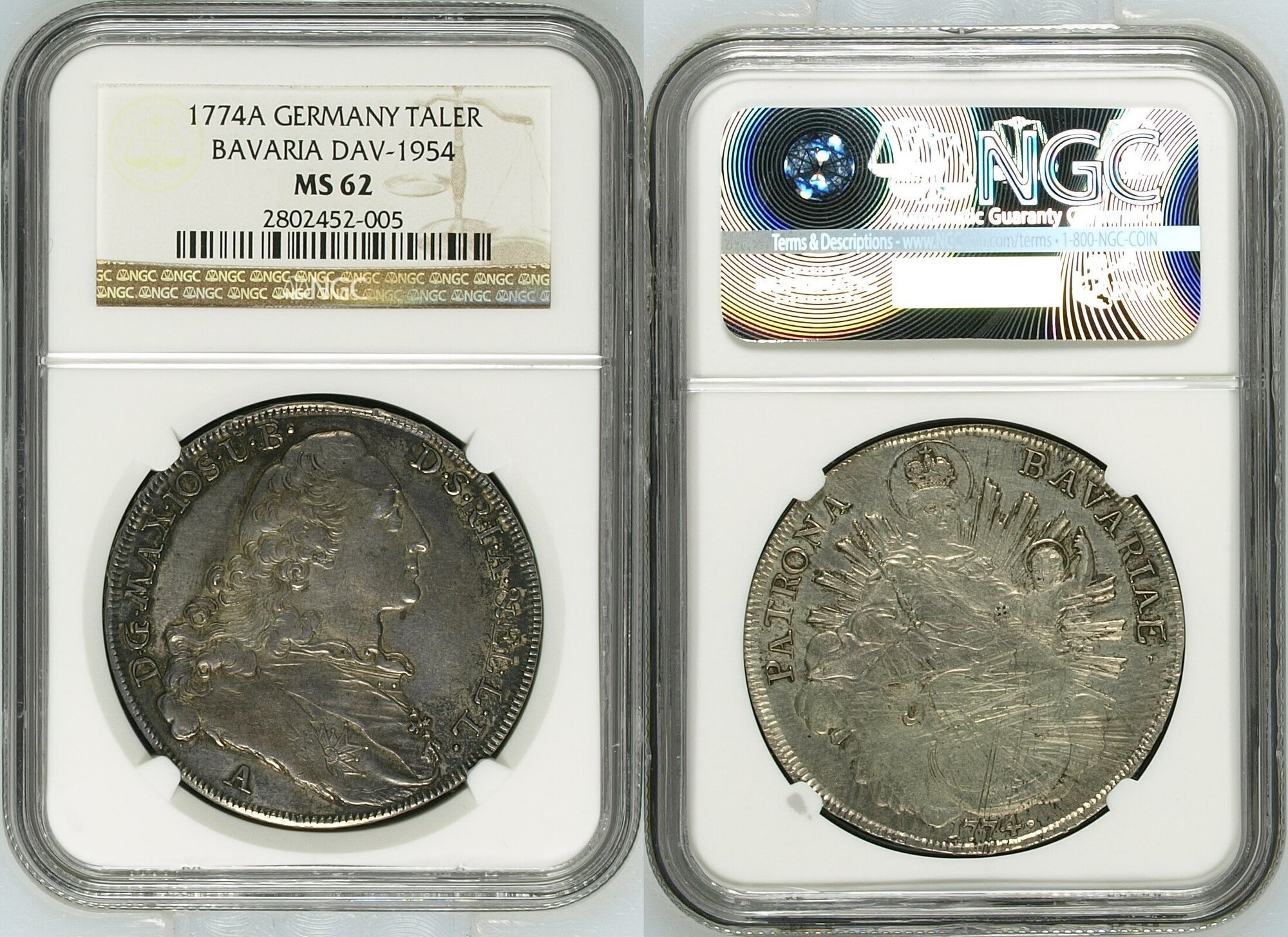 GERMANY 1774A German States Bavaria 1774 Taler Coin Thaler NGC MS 62 VZ ...